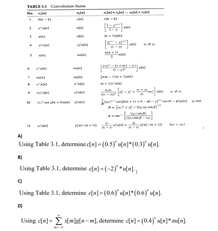Solved Convolution Sums TABLE 3.1 No. n a{»] = x»[u] = x2ln] | Chegg.com