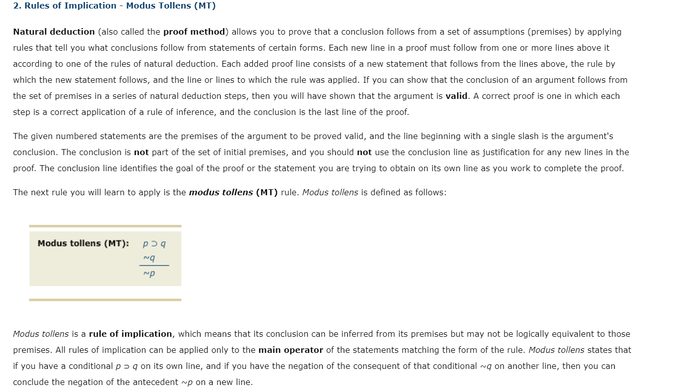 Solved 2. Rules of Implication - Modus Tollens (MT) Natural | Chegg.com