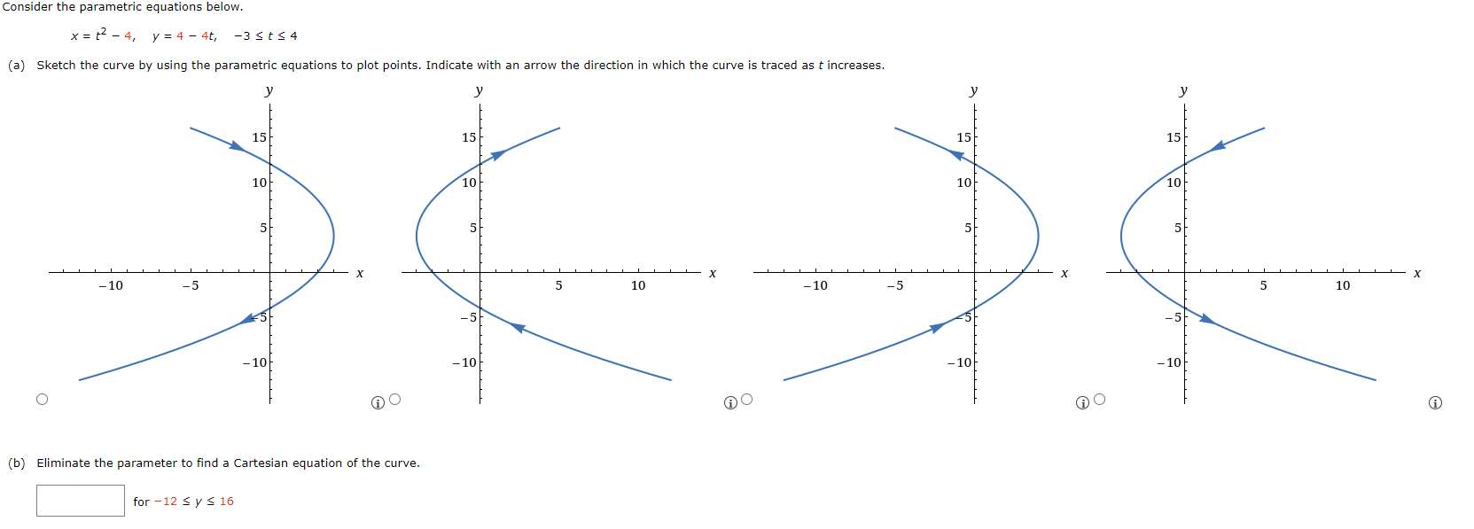 Solved x=t2−4,y=4−4t,−3≤t≤4 (a) Sketch the curve by using | Chegg.com