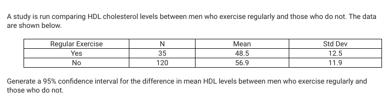Solved A study is run comparing HDL cholesterol levels | Chegg.com