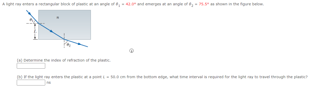 Solved A light ray enters a rectangular block of plastic at | Chegg.com