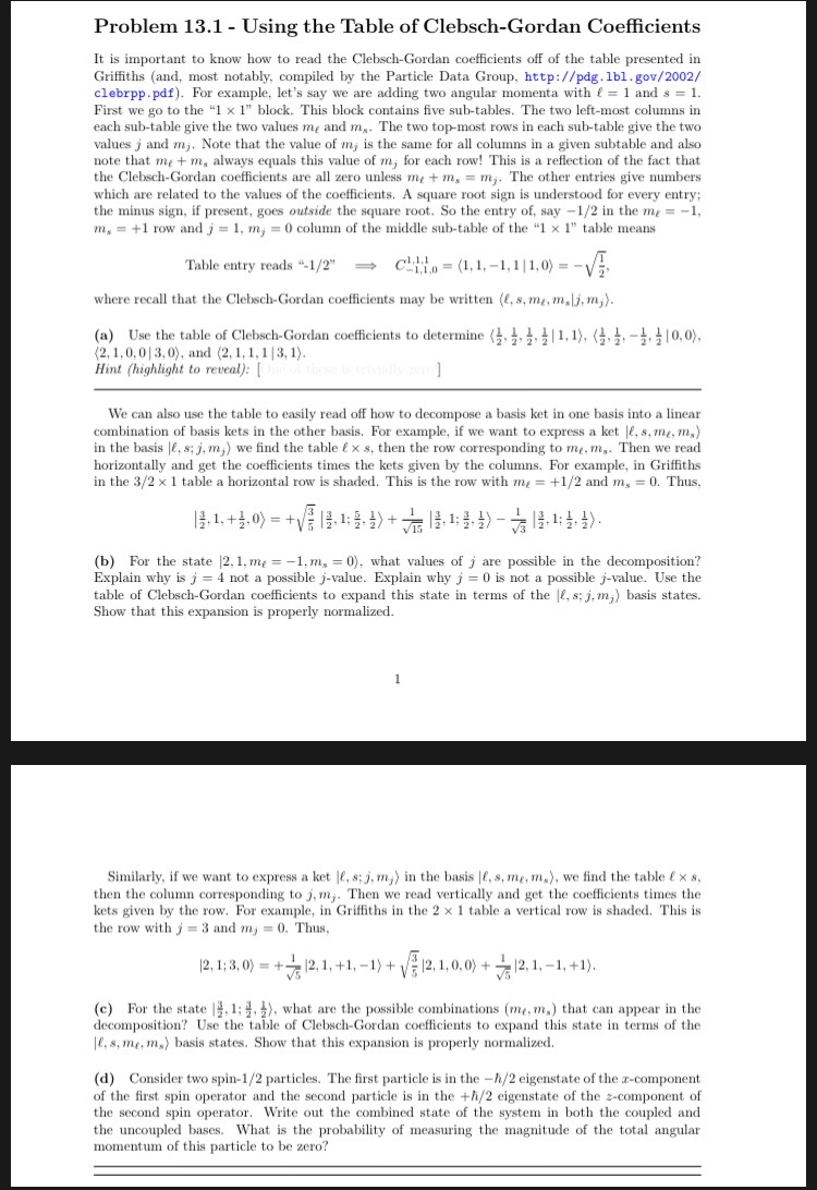 Solved Problem 13.1 - Using the Table of Clebsch-Gordan | Chegg.com