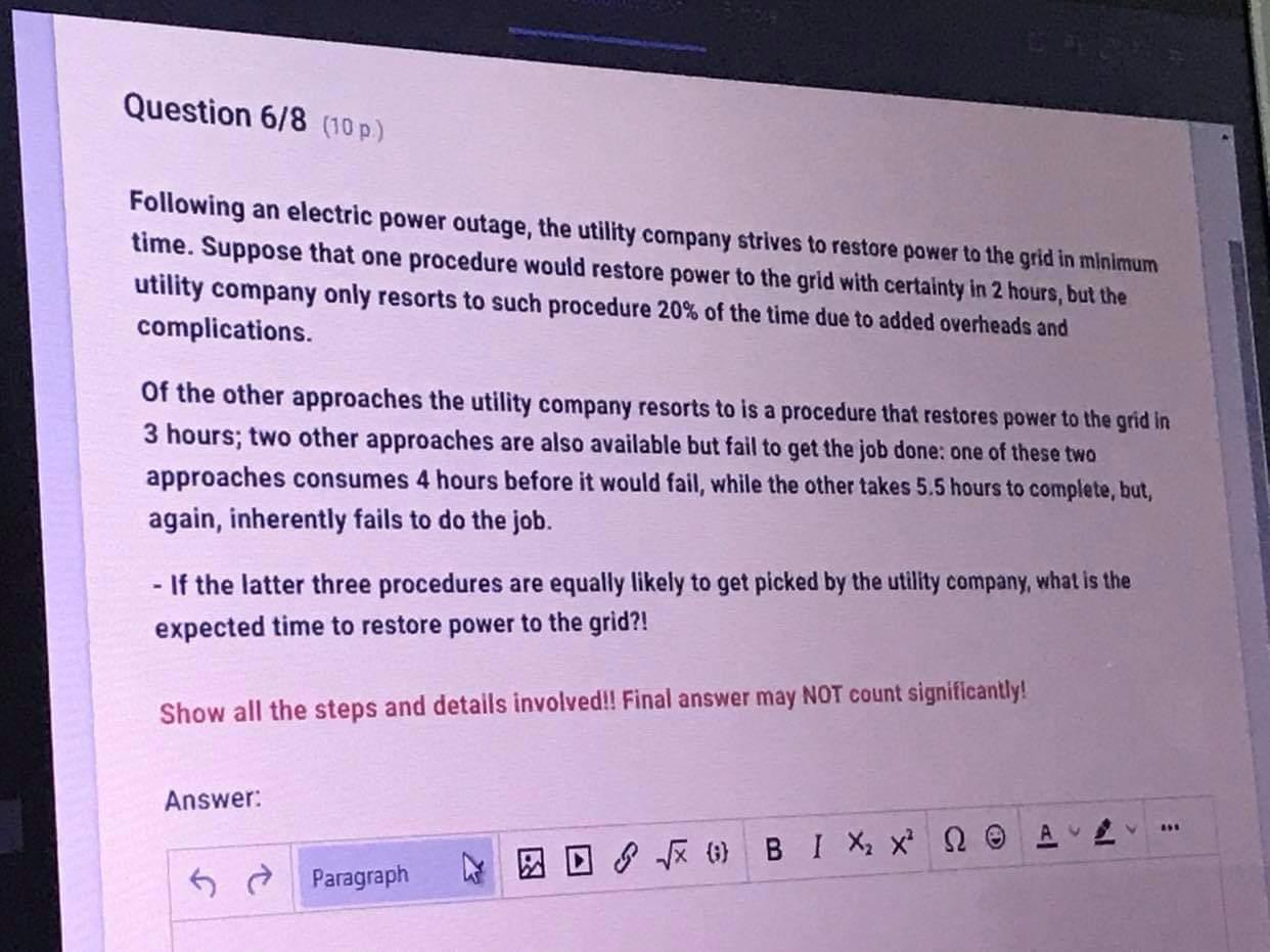 Solved Following an electric power outage, the utility | Chegg.com