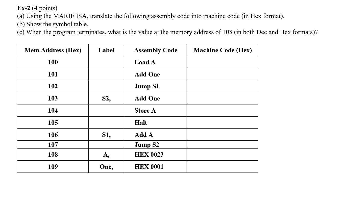 Solved Ex-2 (4 points) (a) Using the MARIE ISA, translate | Chegg.com