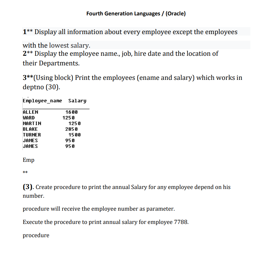 Solved Fourth Generation Languages / (Oracle) 1** Display | Chegg.com