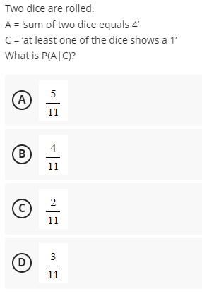 Solved Two dice are rolled. A = 'sum of two dice equals 4 ' | Chegg.com