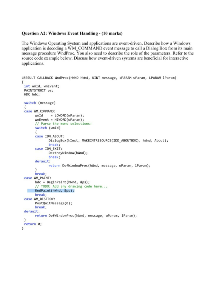 Solved Question A2: Windows Event Handling (10 marks) The | Chegg.com