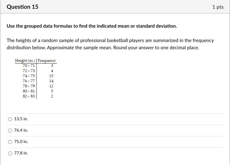 Solved Question 15 1 pts Use the grouped data formulas to | Chegg.com