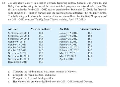 Solved 12. The Big Bang Theory, a situation comedy featuring | Chegg.com