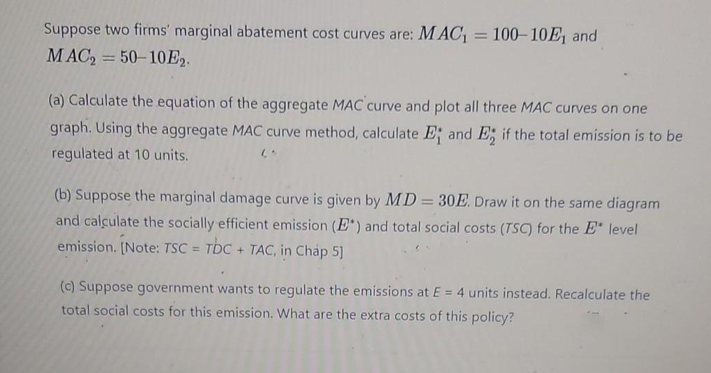 Solved Suppose two firms' marginal abatement cost curves | Chegg.com