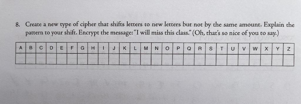 Solved 8. Create a new type of cipher that shifts letters to | Chegg.com