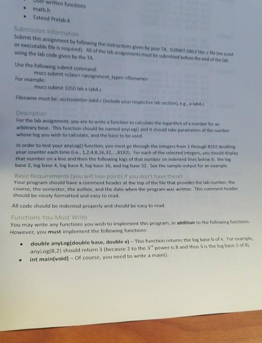 Solved User-written functions • math.h • Extend Prelab 4 | Chegg.com