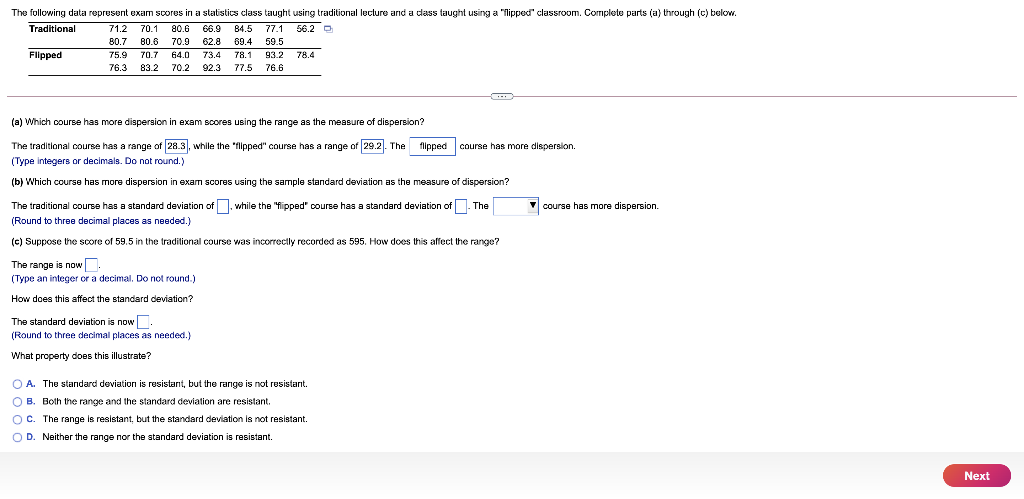 Solved The following data represent exam scores in a | Chegg.com
