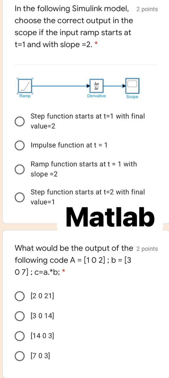 Solved In the following Simulink model, 2 points choose the | Chegg.com