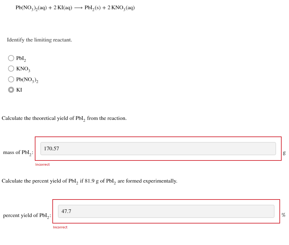 Pb(NO3)2(aq)+2KI(aq) PbI2( s)+2KNO3(aq) Identify the | Chegg.com