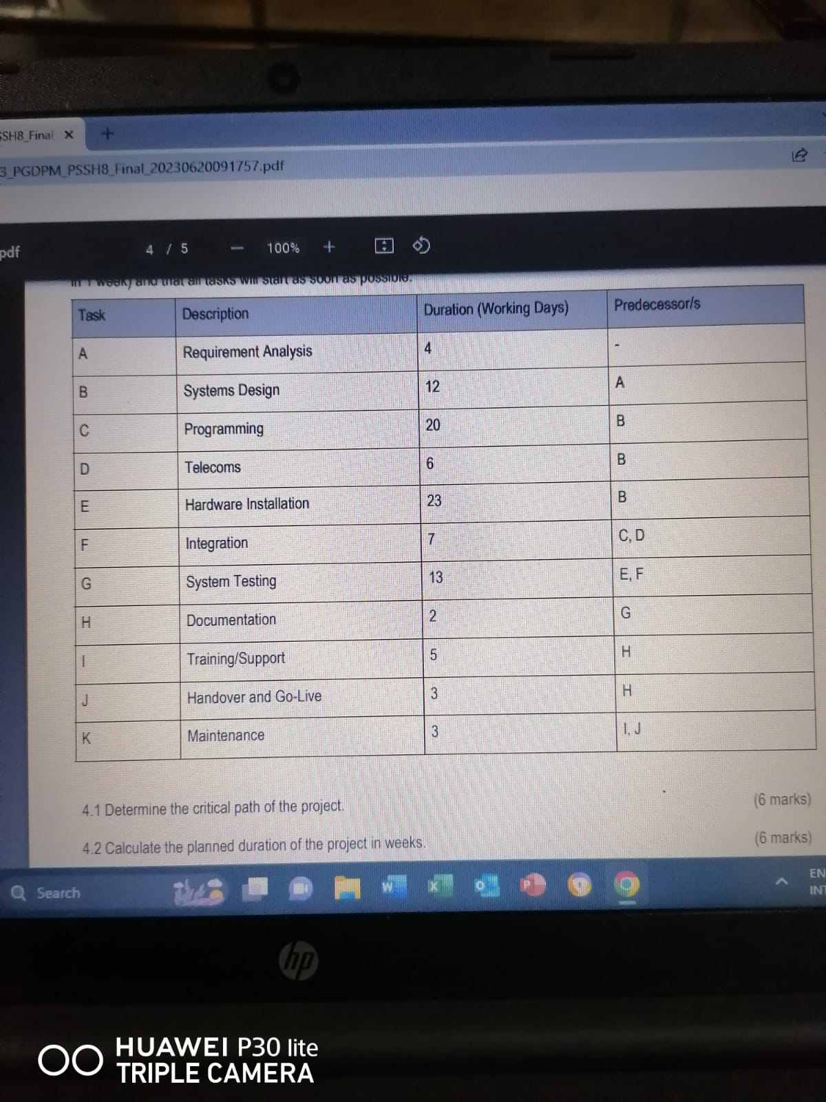 Solved 4.3 Identify any non-critical tasks and the float | Chegg.com