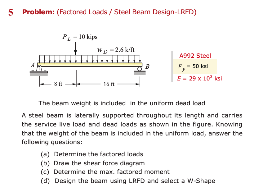 Solved 5 Problem: (Factored Loads / Steel Beam Design-LRFD) | Chegg.com