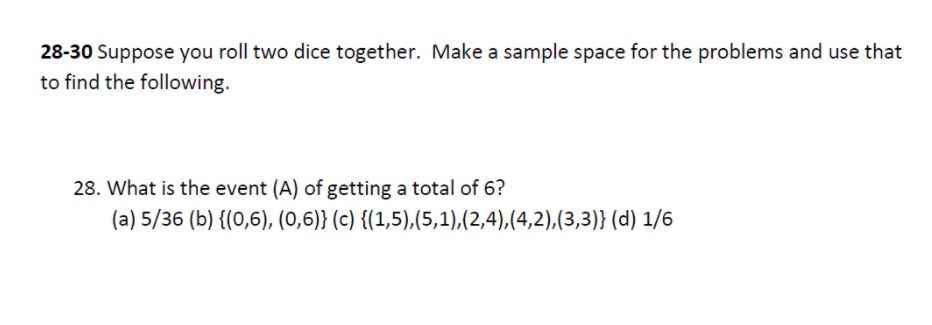 Solved 28-30 Suppose you roll two dice together. Make a | Chegg.com