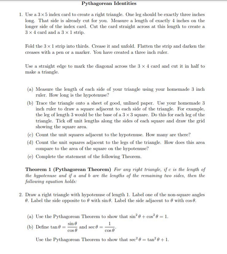 [Solved]: Pythagorean Identities 1. Use a ( 3 times 5 )