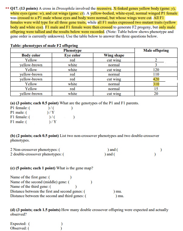 Solved Q17. (13 points) A cross in Drosophila involved the | Chegg.com
