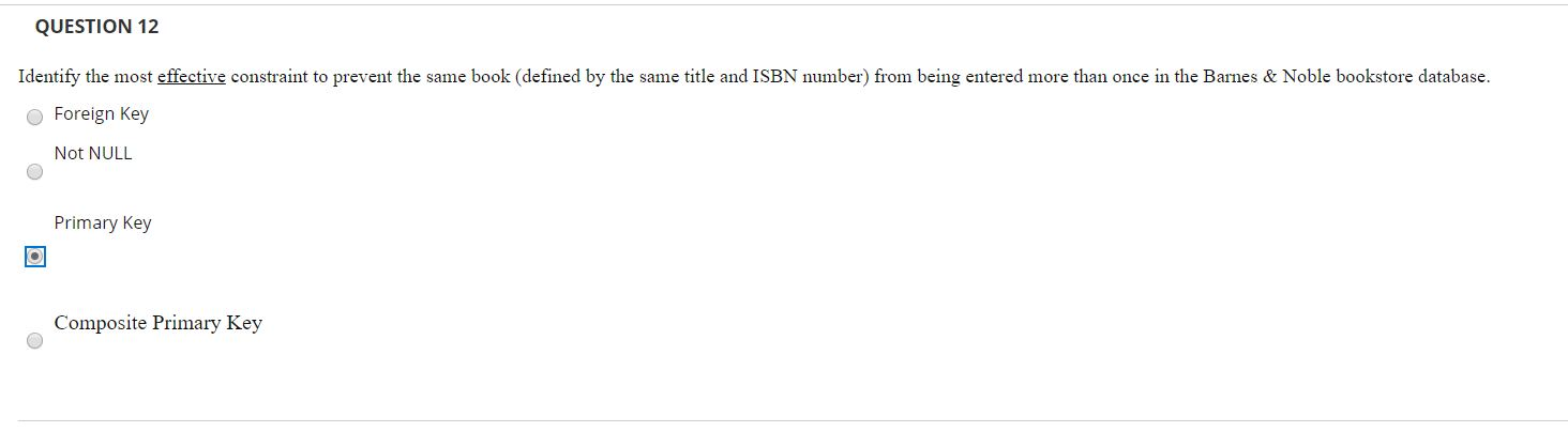 Solved QUESTION 12 Foreign Key Not NULL Composite Primary | Chegg.com