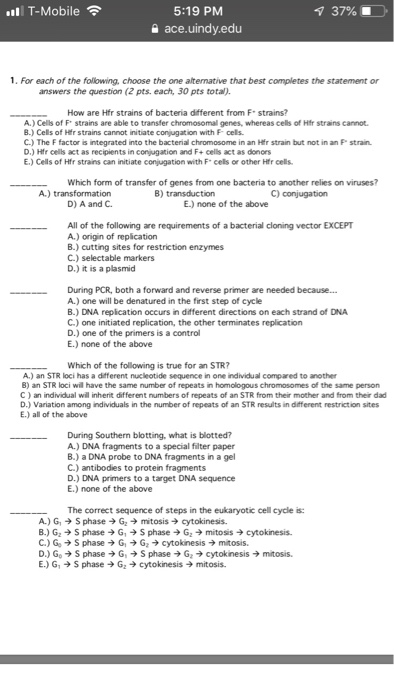 Solved T-Mobile 令 5:19 PM 37% i a ace.uindy.edu 1. For each | Chegg.com