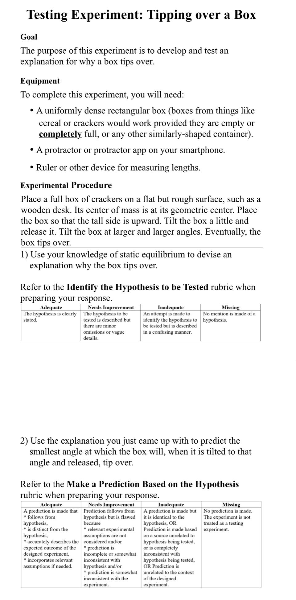 Solved Testing Experiment: Tipping over a Box Goal The | Chegg.com