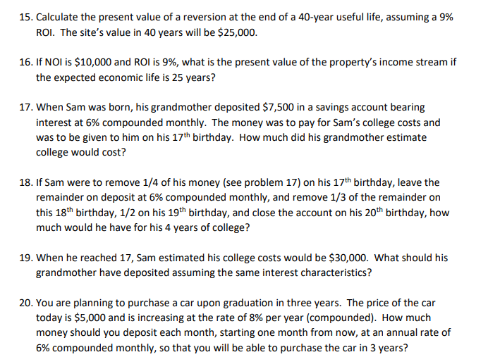 Solved 15. Calculate the present value of a reversion at the | Chegg.com
