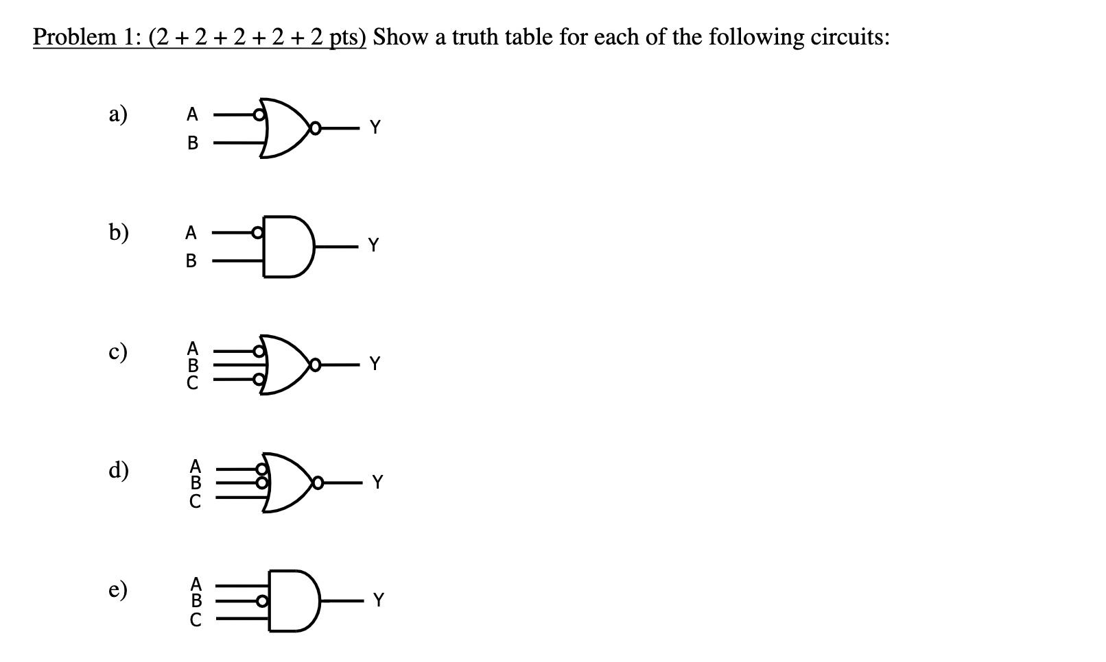 Solved Problem 1: (2 + 2 + 2 + 2 + 2 pts) Show a truth table | Chegg.com