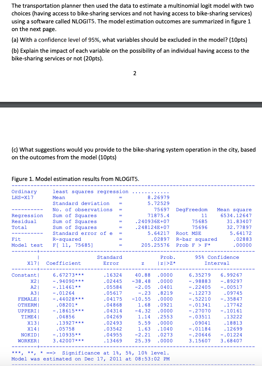 Solved The transportation planner then used the data to | Chegg.com