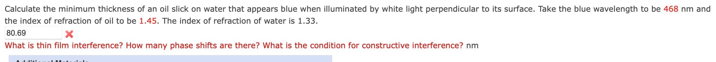 Solved Calculate the minimum thickness of an oil slick on | Chegg.com