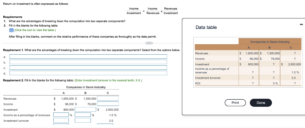 Solved Retum on investment is often expressed as follows: | Chegg.com