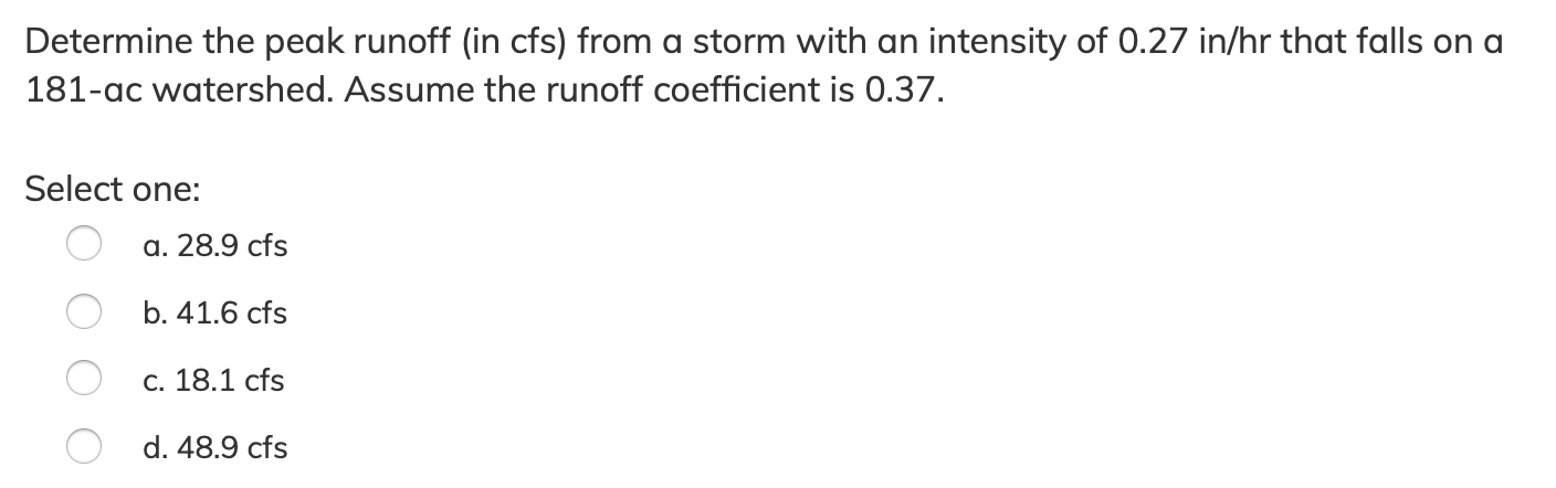 Solved Determine the peak runoff (in cfs) from a storm with | Chegg.com