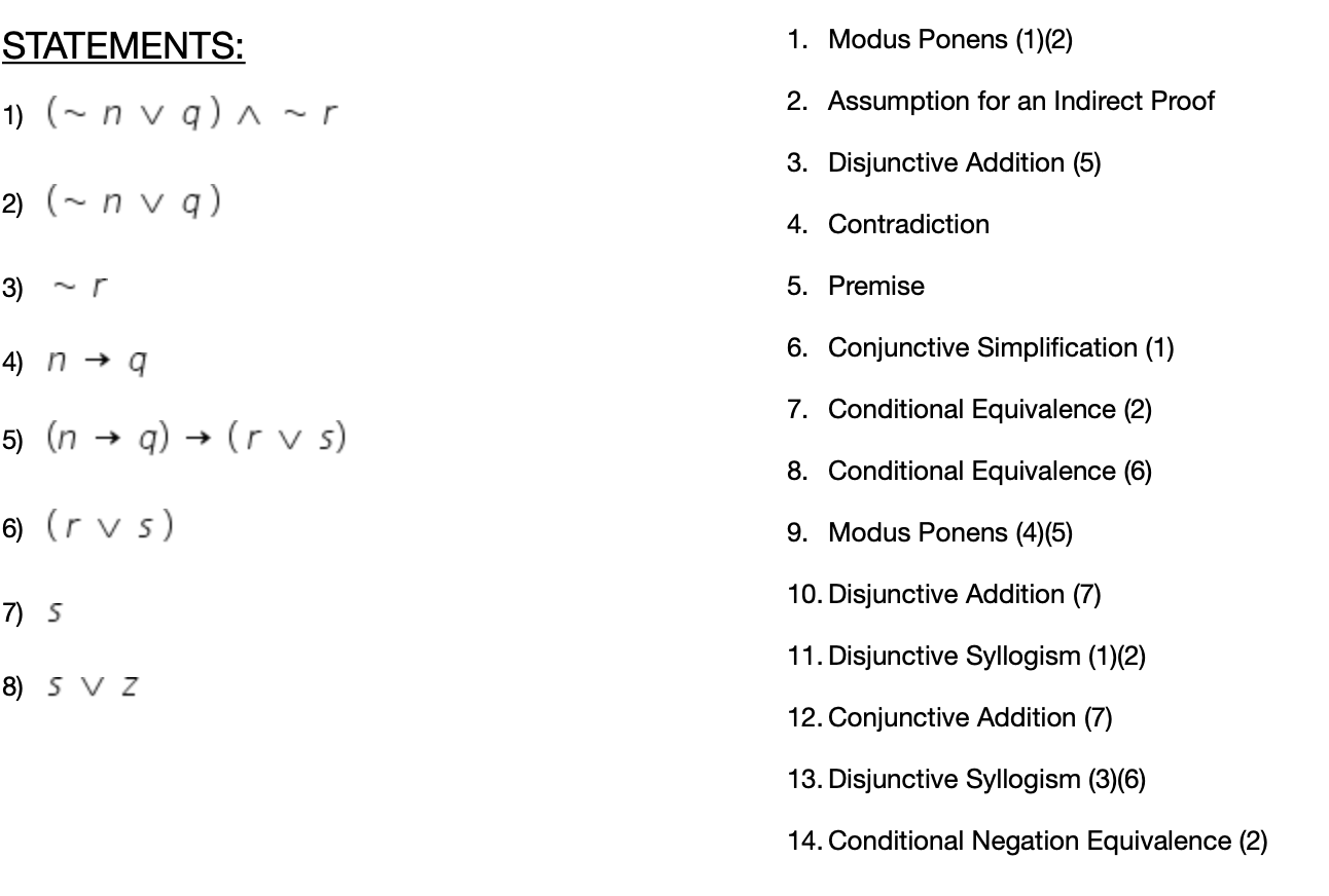 Solved 1. Modus Ponens (1)(2) STATEMENTS: 1) (~nva)^~r 2. | Chegg.com