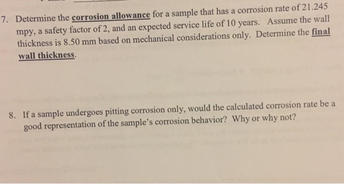 Solved Determine the corrosion allowance for a sample that | Chegg.com
