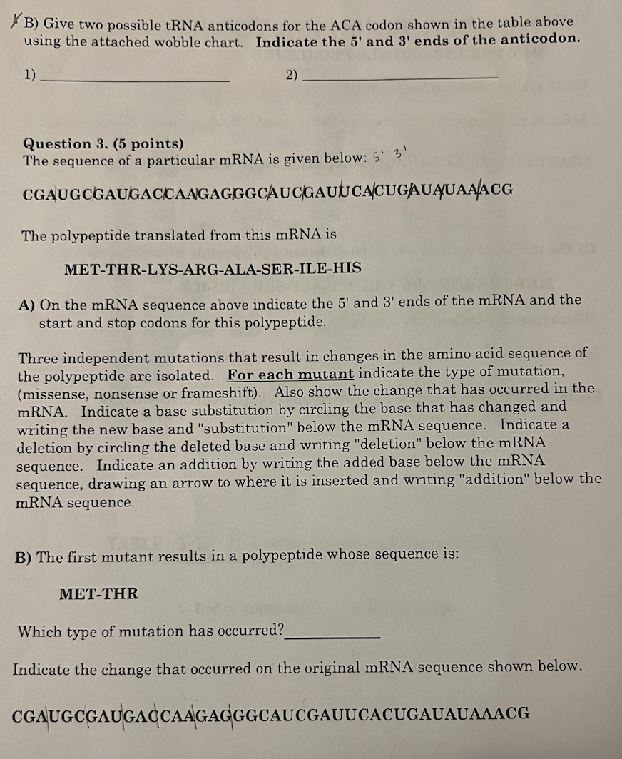 Solved Y B) Give two possible tRNA anticodons for the ACA | Chegg.com