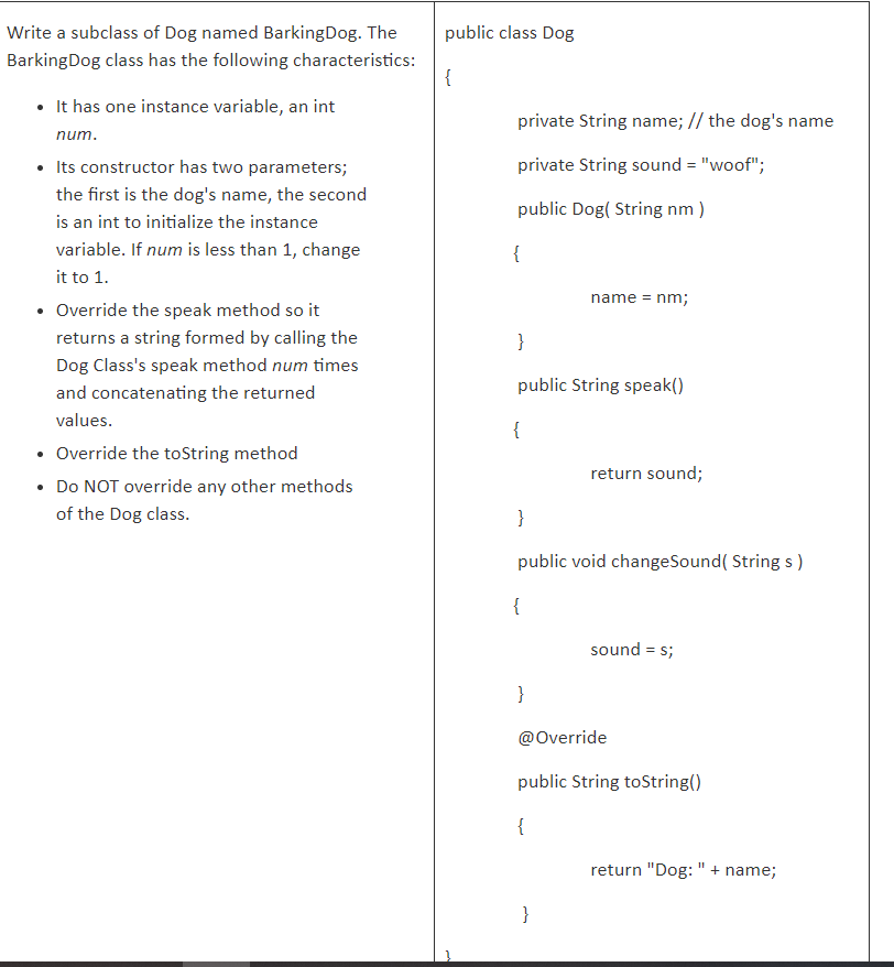 Solved public class Dog { private String name; // the | Chegg.com