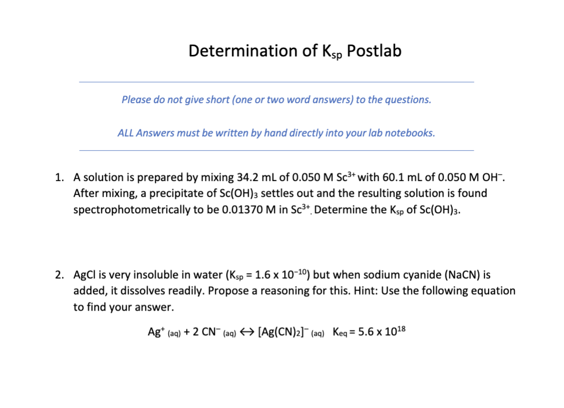 Solved Determination of Ksp ﻿PostlabPlease do not give short | Chegg.com