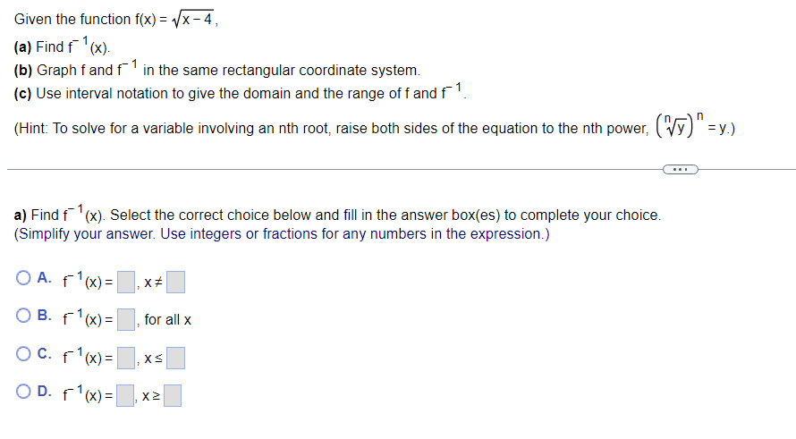 Solved Given the function f(x)=x−4 (a) Find f−1(x) (b) Graph | Chegg.com