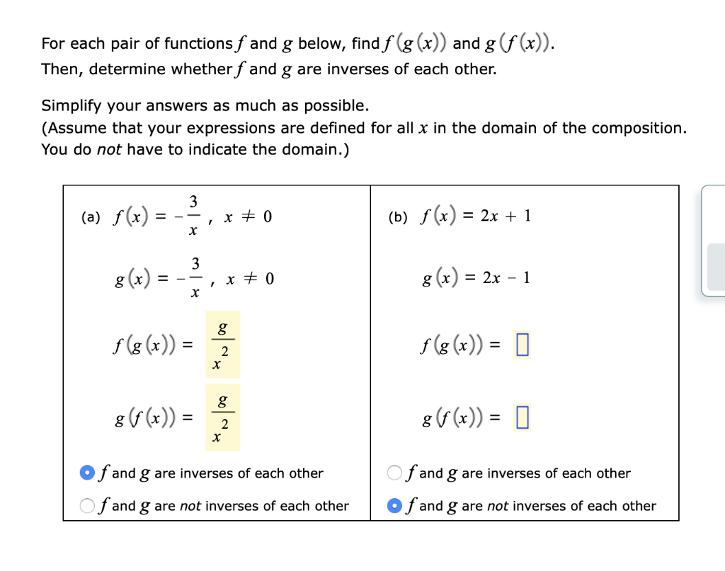 Solved For each pair of functions f and g below, find f | Chegg.com