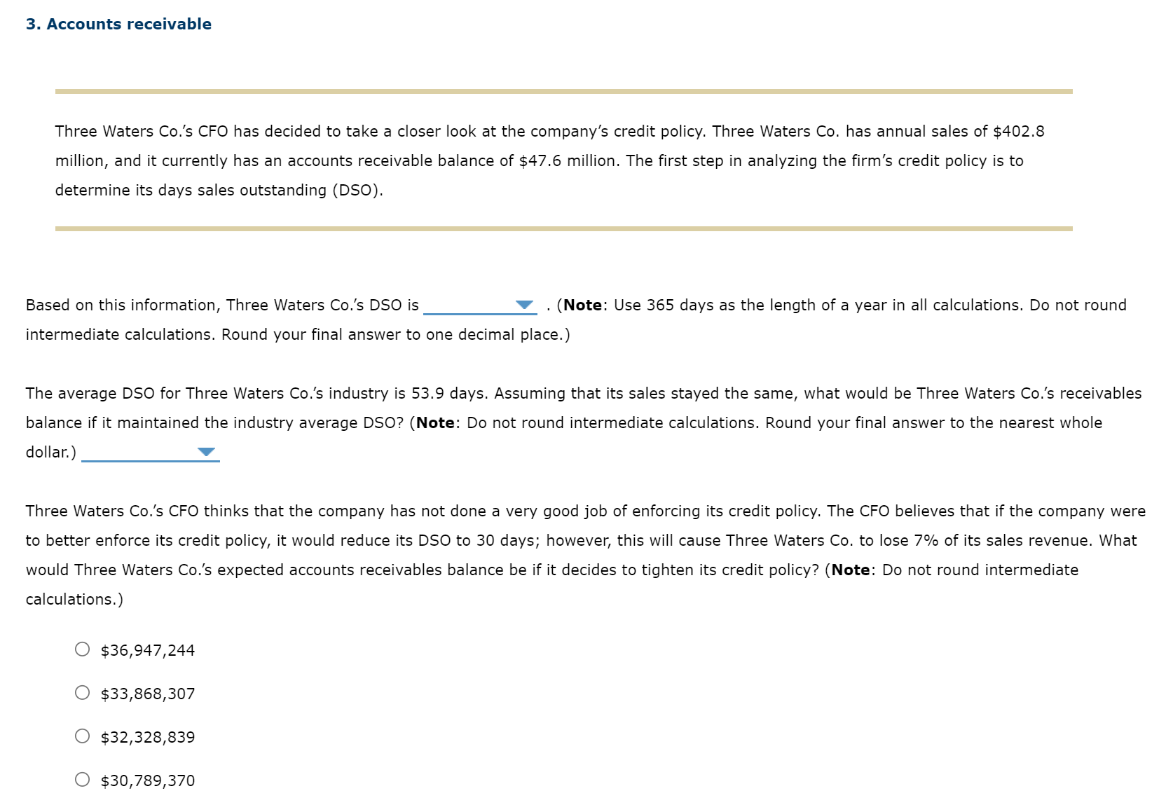 Solved 3. Accounts receivable Three Waters Co.'s CFO has | Chegg.com