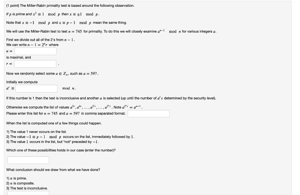 Solved (1 point) The Miller-Rabin primality test is based | Chegg.com