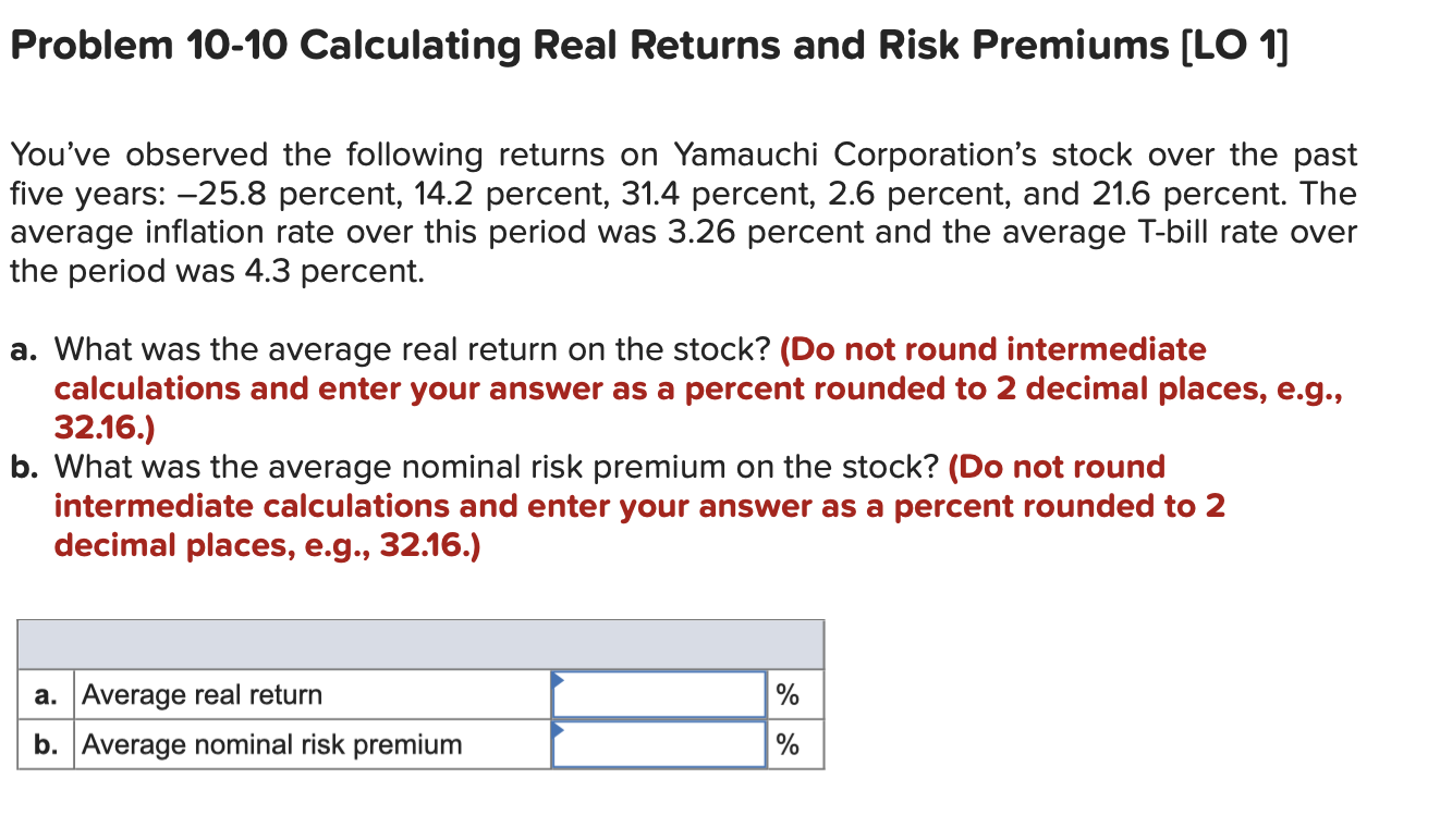 Solved Problem 10-10 Calculating Real Returns and Risk | Chegg.com
