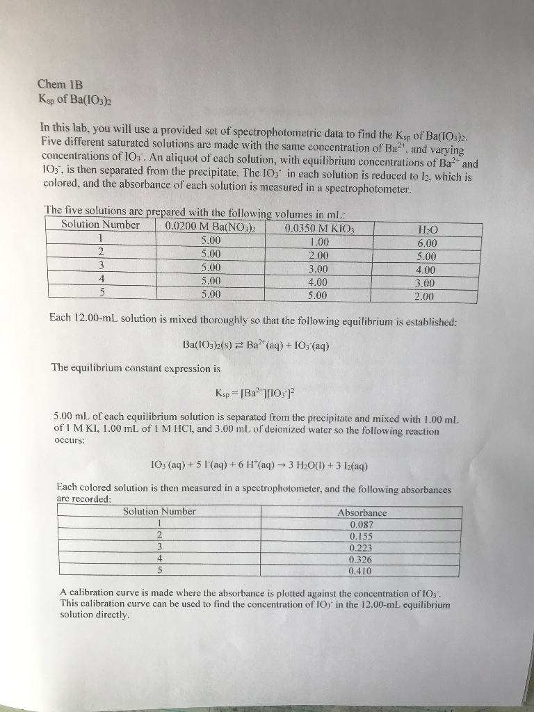 Chem 1B Ksp of Ba(IO3)2 In this lab, you will use a | Chegg.com