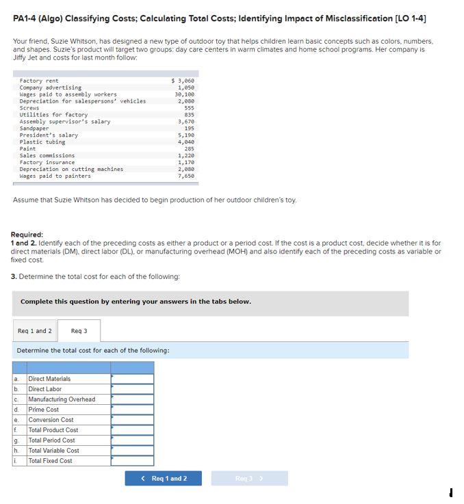 Solved PA1-4 (Algo) Classifying Costs; Calculating Total | Chegg.com