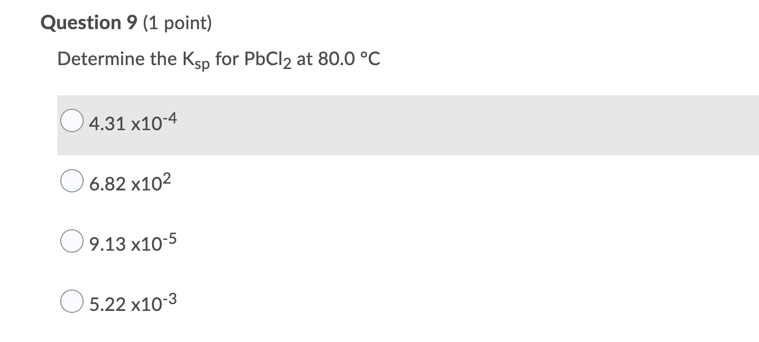 Question 9 (1 point) Determine the Ksp for PbCl2 at | Chegg.com