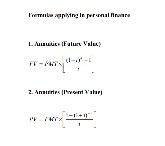 Solved Formulas applying in personal finance 1. Annuities | Chegg.com