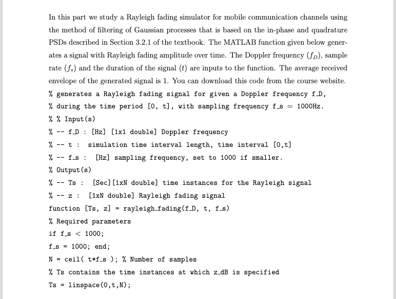 Solved In this part we study a Rayleigh fading simulator for | Chegg.com