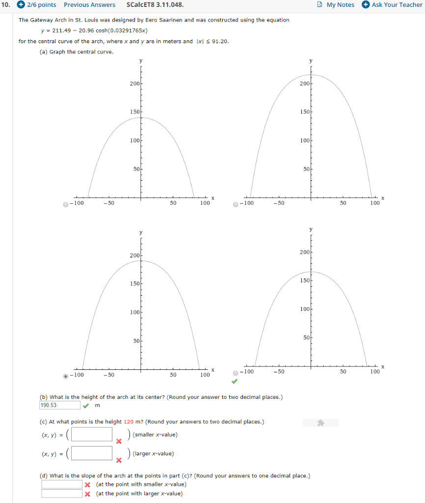 Solved 10. 2/6 points Previous Answers ScalcET8 3.11.048. My | Chegg.com