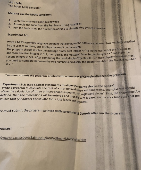 Lab Tools: The MARS MIPS Simulator Steps to use the | Chegg.com